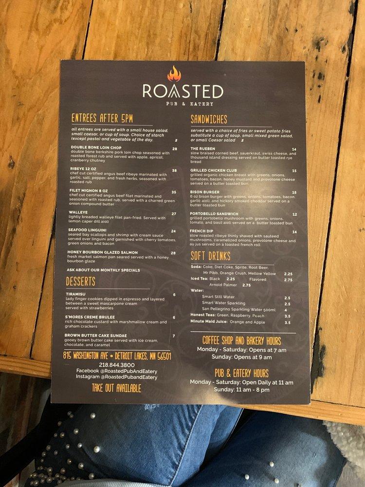 Menu at Roasted Pub and Eatery, Detroit Lakes