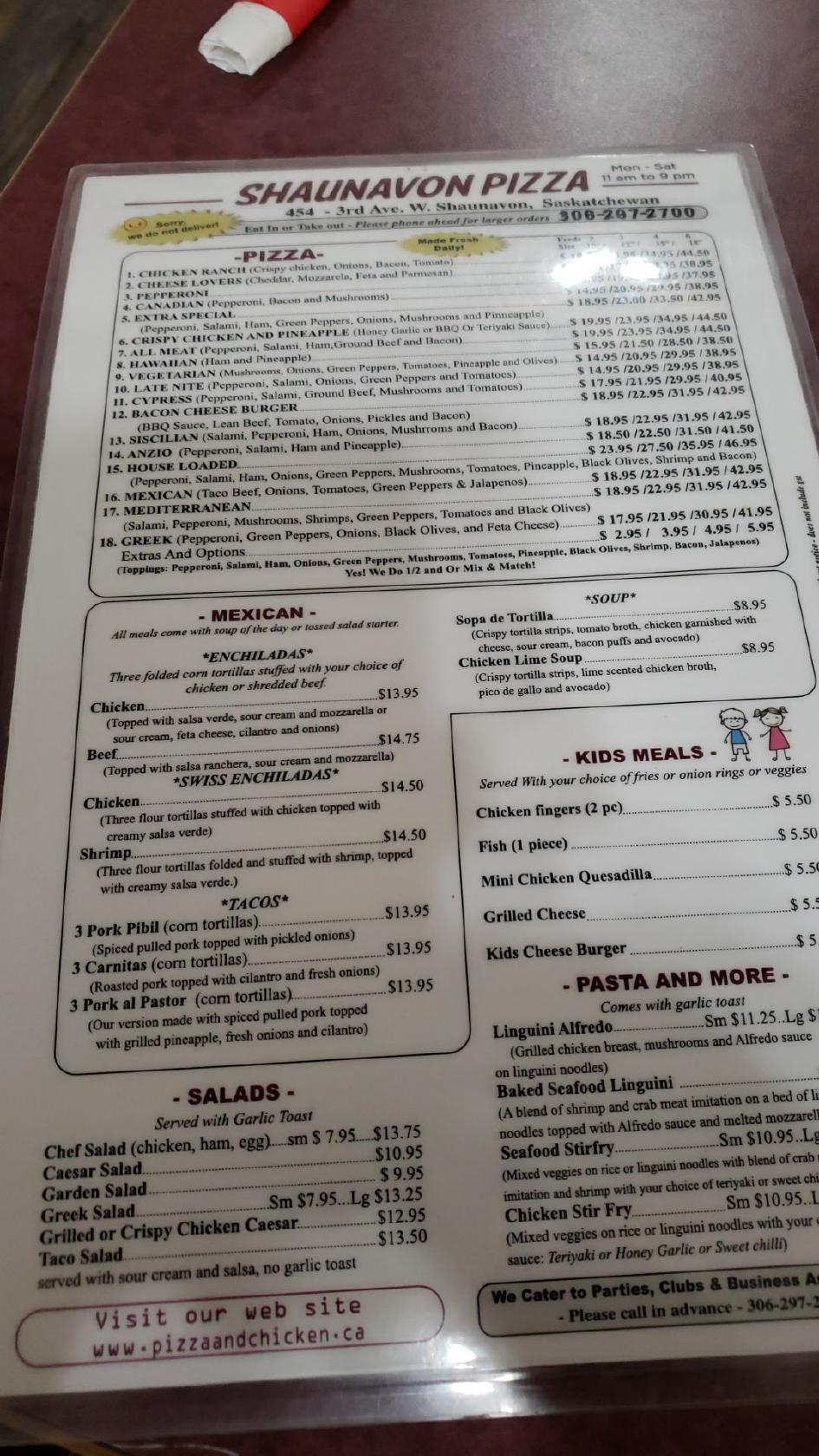 Menu at Shaunavon Pizza restaurant, Shaunavon