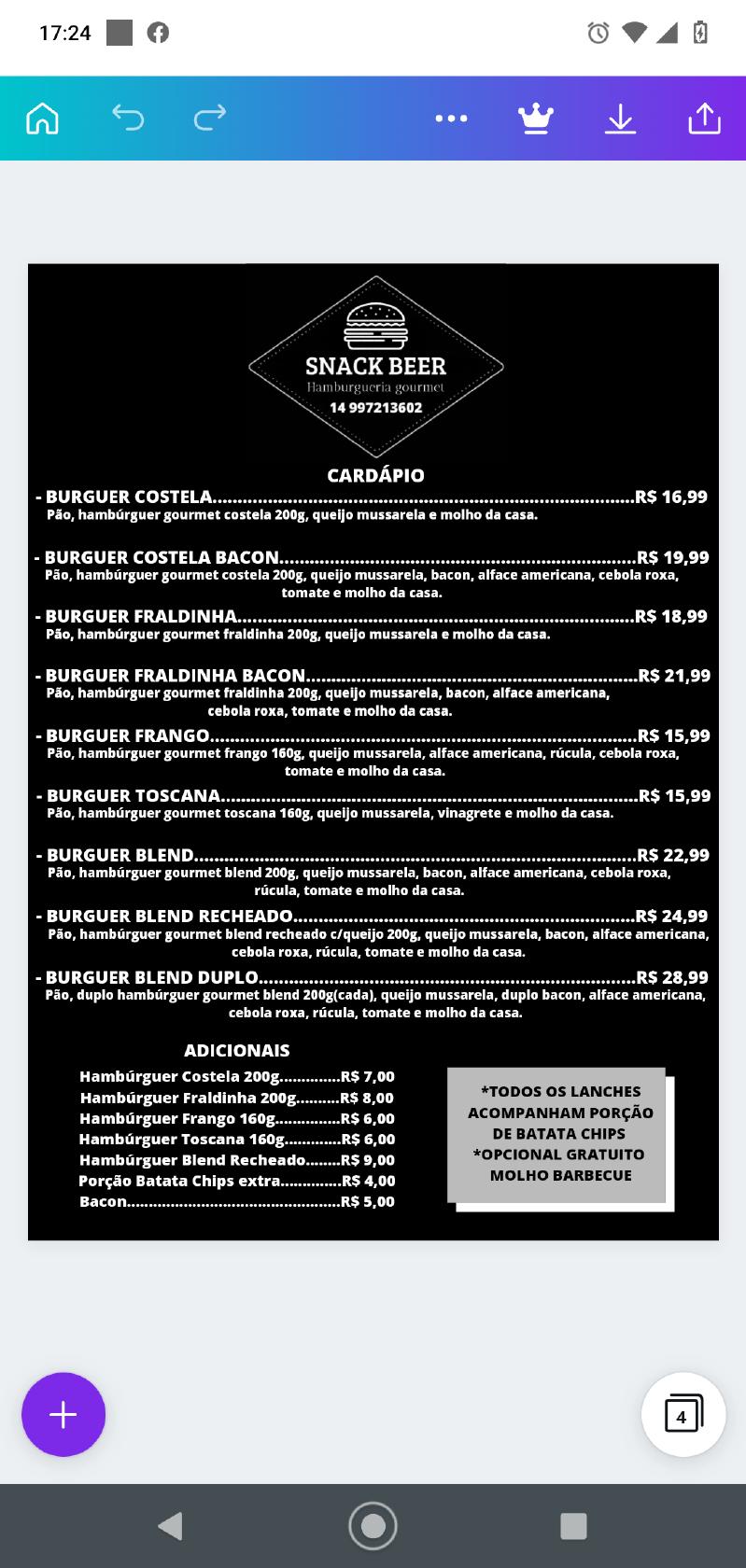 Menu at Snack Beer restaurant, Ourinhos