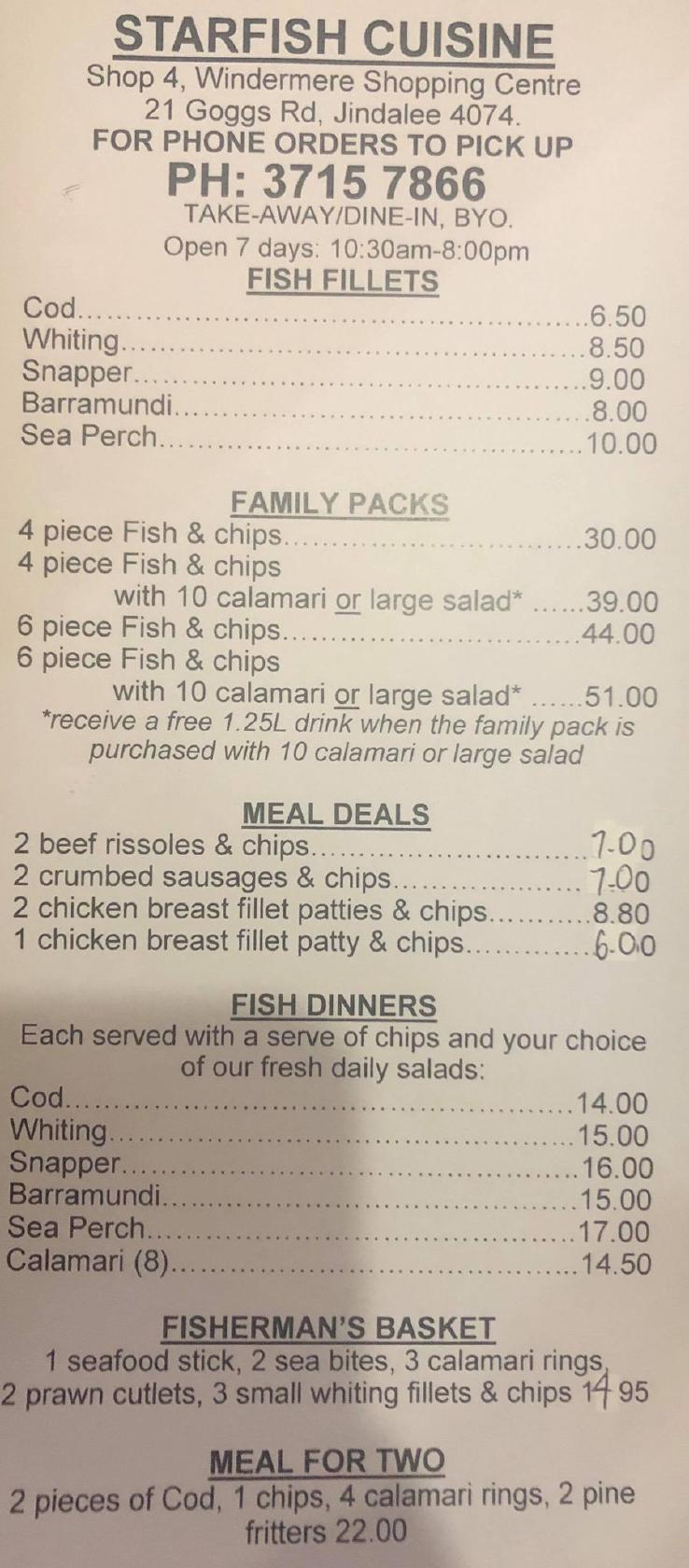 Menu at Starfish Cuisine restaurant, Jindalee