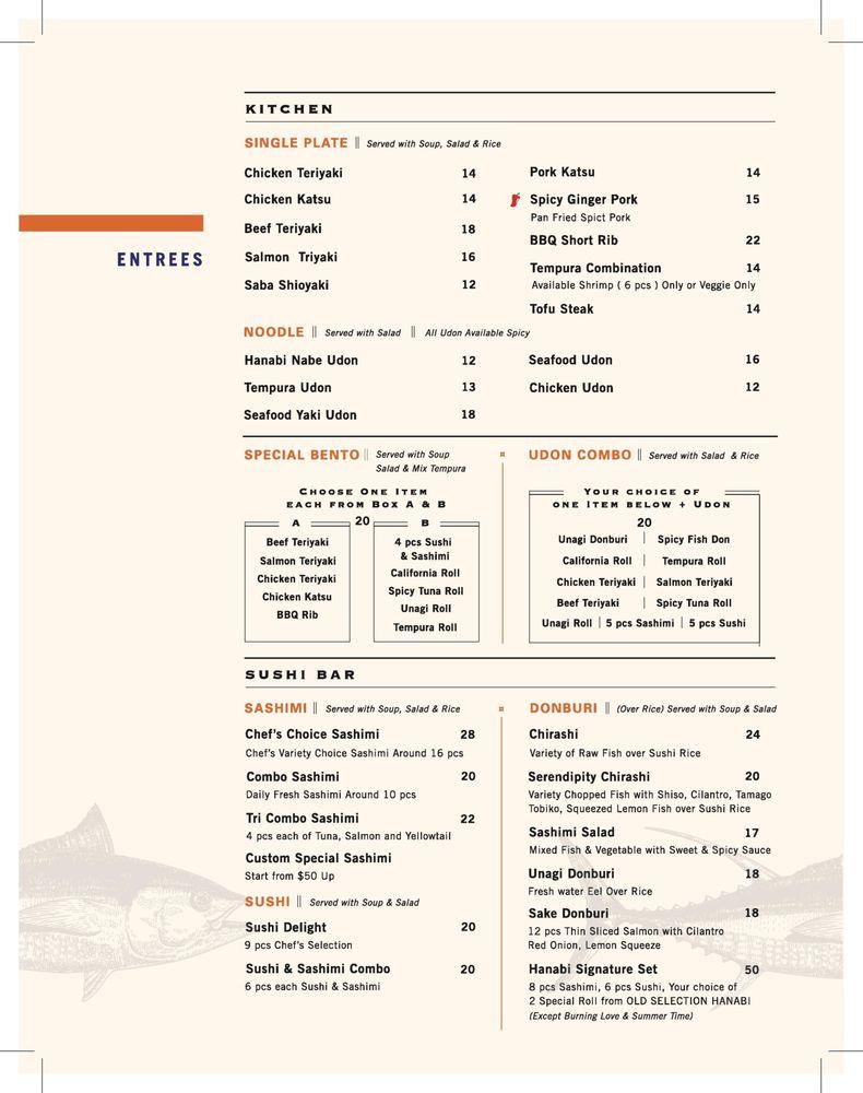 Menu at Sushi Hanabi restaurant, Pleasanton