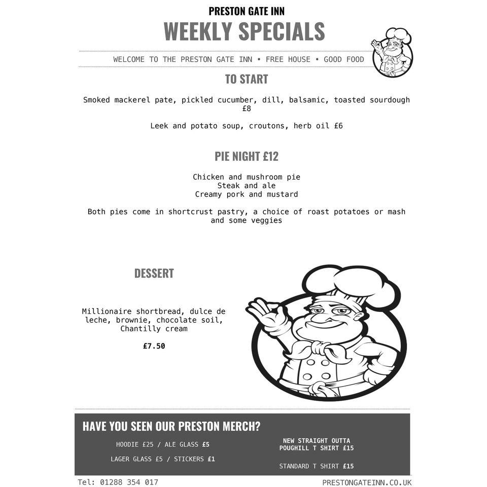 Menu at The Preston Gate Inn pub & bar, Bude
