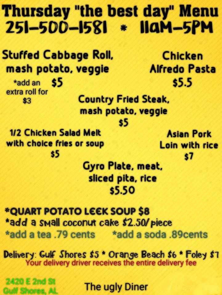 Menu at The ugly Diner restaurant, Gulf Shores