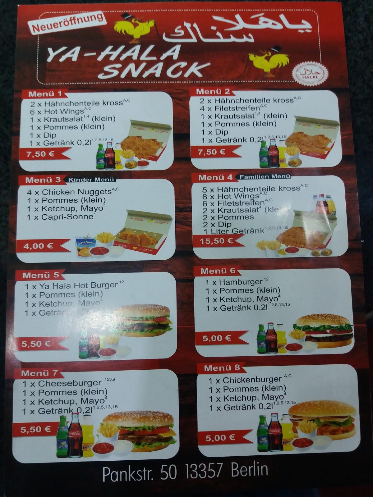 Speisekarte von Ya Hala Chicken fast Food, Berlin, Pankstraße 51