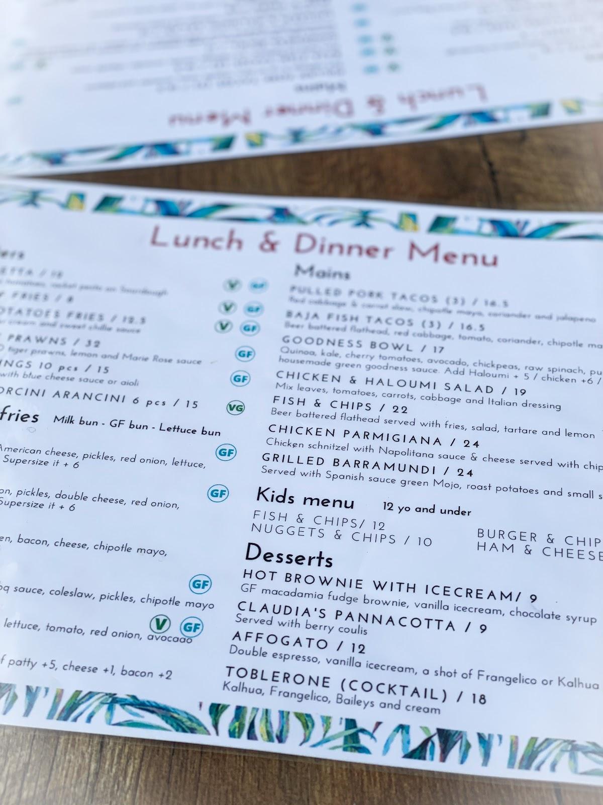 Menu at Cabana Beach Kiosk cafe, Narrabeen