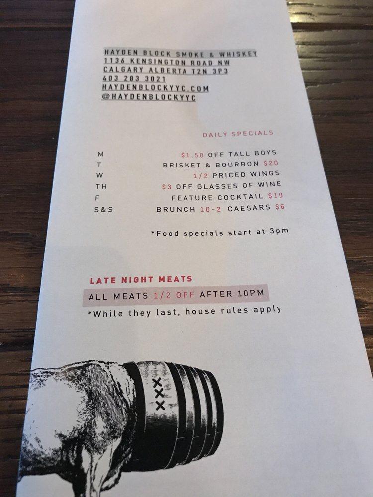 Menu at Hayden Block Smoke & Whiskey pub & bar, Calgary