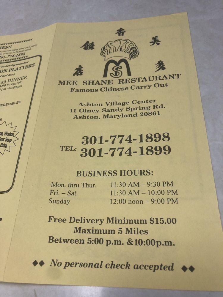 Menu at Mee Shane restaurant & carryout, Ashton-Sandy Spring