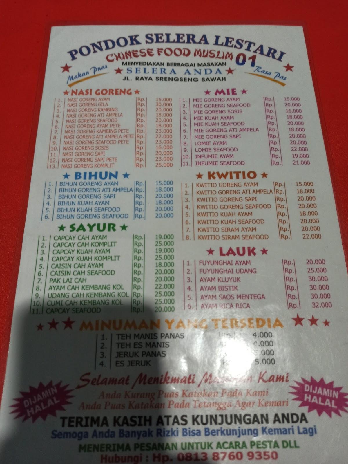 Menu at Pondok Selera Lestari 01 restaurant, South Jakarta, Jl ...