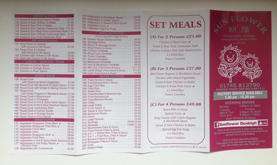 Menu at Mayflower fast food, Denbigh