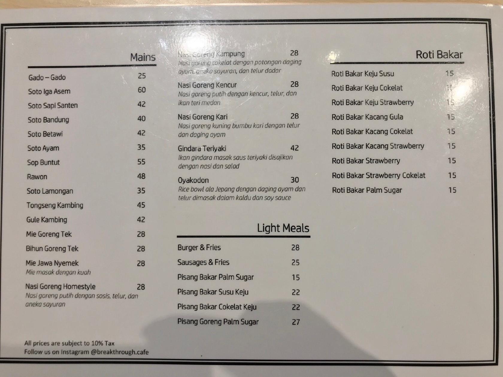 Menu at Breakthrough Cafe & Coffee, Bandung