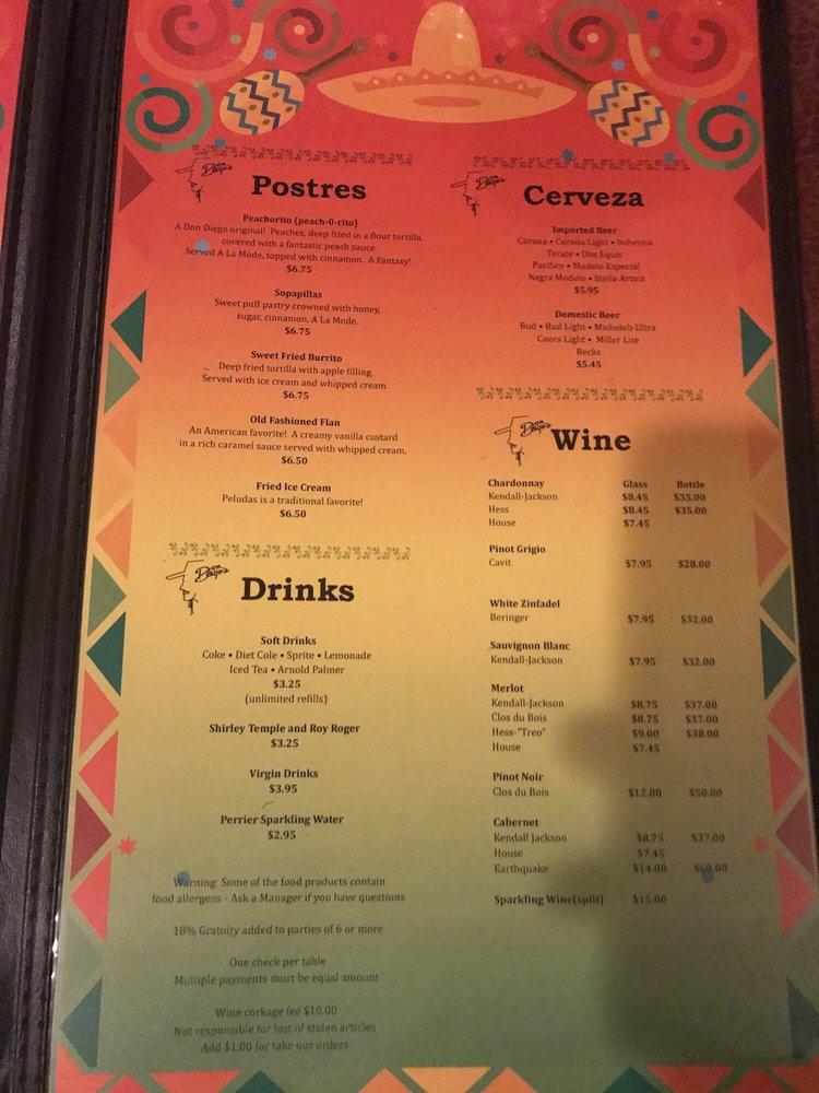 Menu at Don Diego's of Indian Wells pub & bar, Indian Wells