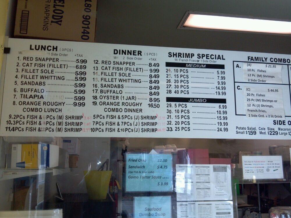 Menu at Gomo's Fish Market restaurant, Inglewood