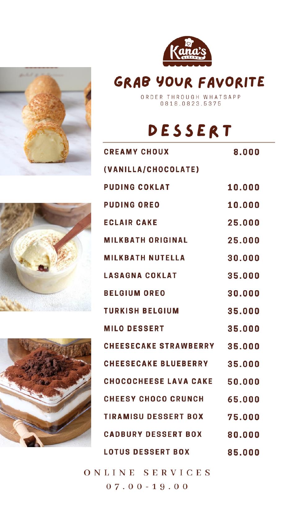 Carta del postres Kana's Kitchen, Balikpapan
