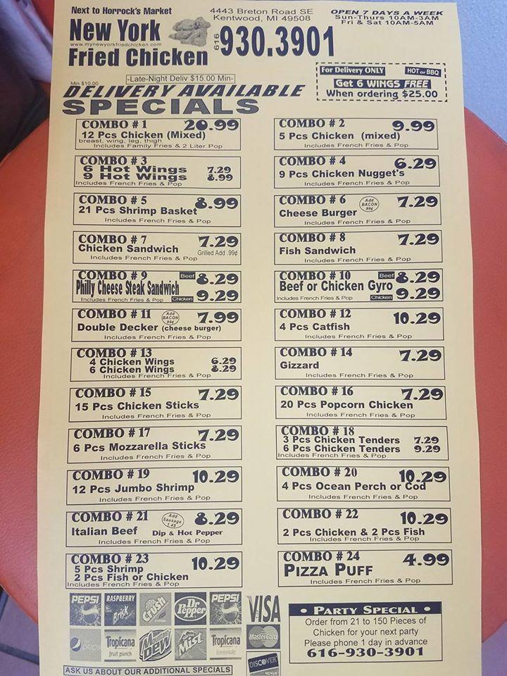 Menu at New York Fried Chicken restaurant, Grand Rapids, Breton Rd SE C