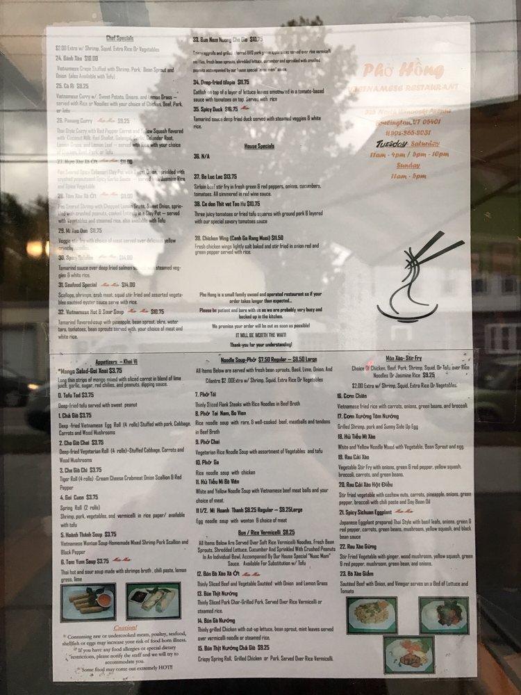 Menu at Pho Hong restaurant, Burlington