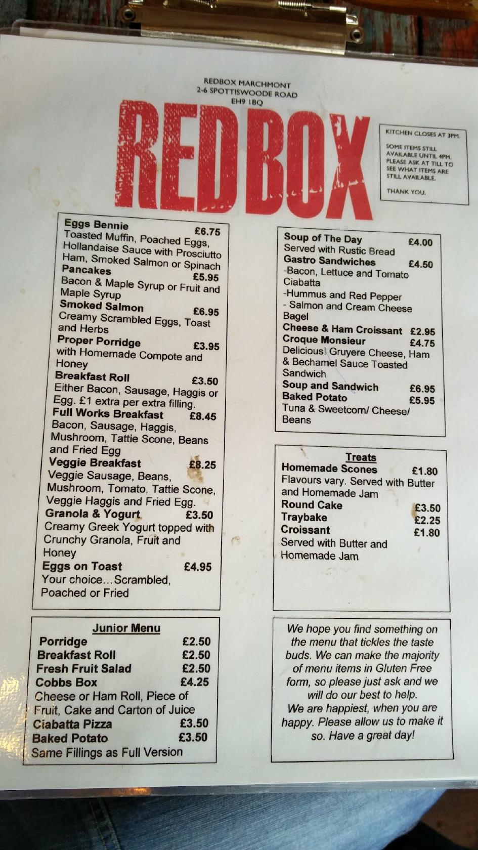Menu at RedBox Marchmont cafe, Edinburgh