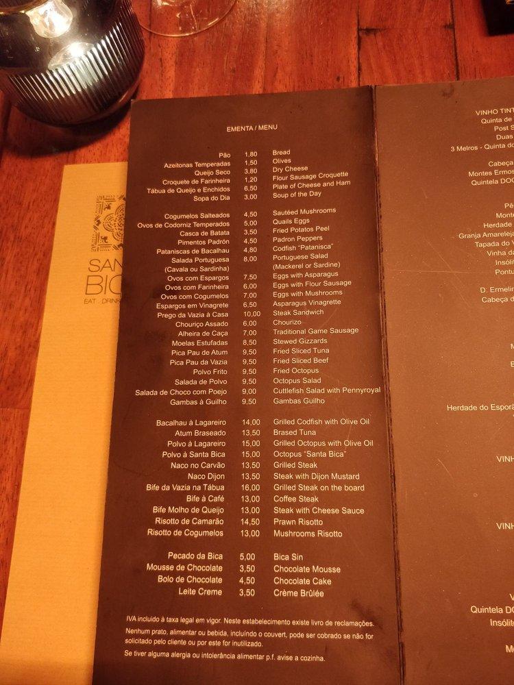 Menu at Santa Bica restaurant, Lisbon