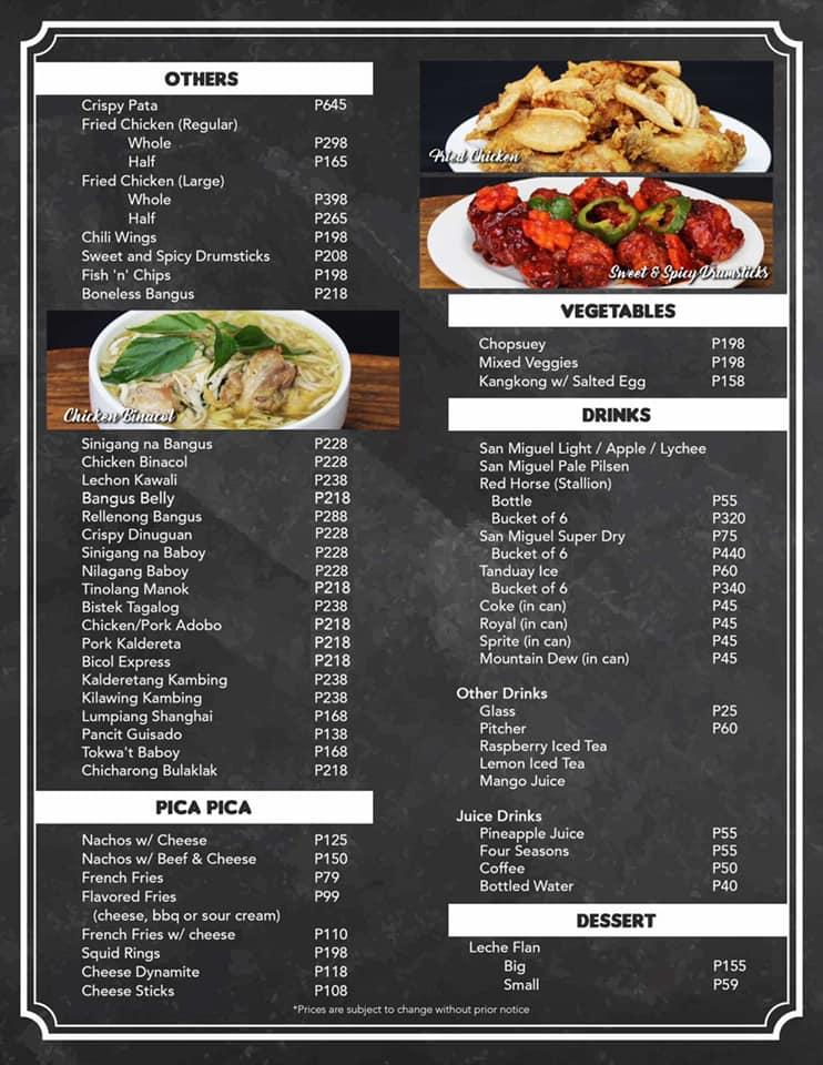 Menu at Star Sisig restaurant, Mandaluyong