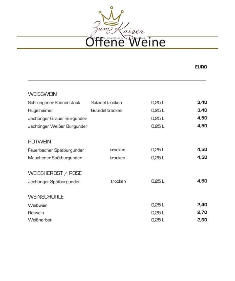 Menu at Zum Kaiser restaurant, Rheinfelden