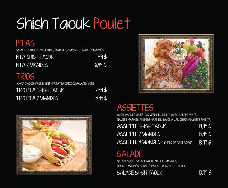 Menu at Casa Taouk restaurant, Victoriaville