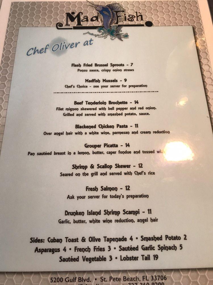 Menu at Mad Fish steakhouse, Saint Pete Beach