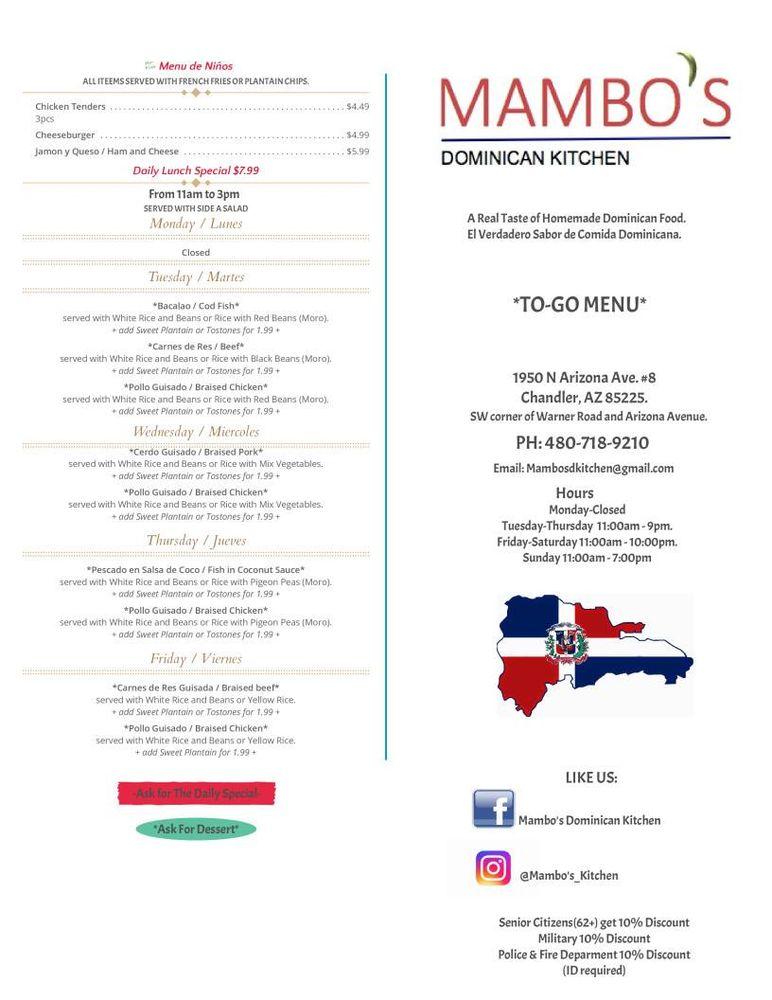Menu at Mambo's Dominican Kitchen restaurant, Chandler