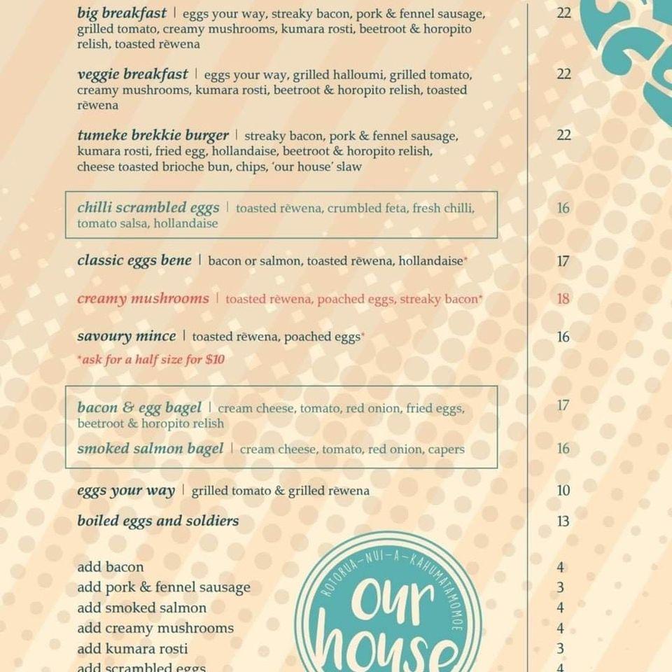 Menu at Our House restaurant, Rotorua, Tutanekai St