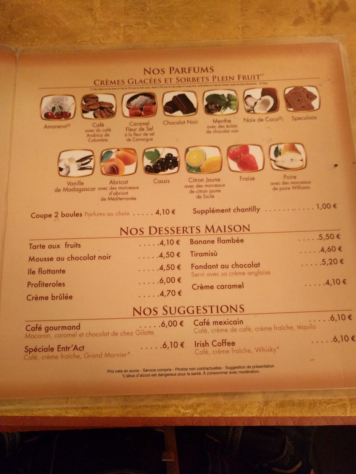 Menu au Restaurant Entr'act, Semur-en-Auxois