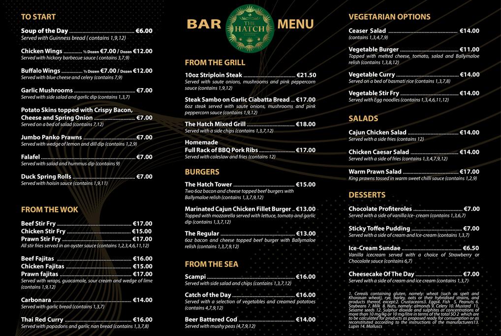 Menu at The Hatch restaurant, Ballinagh