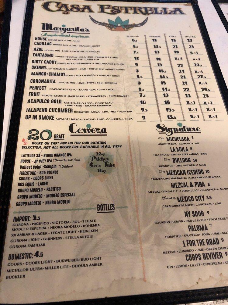 Carta del restaurante Casa Estrella, Fallbrook