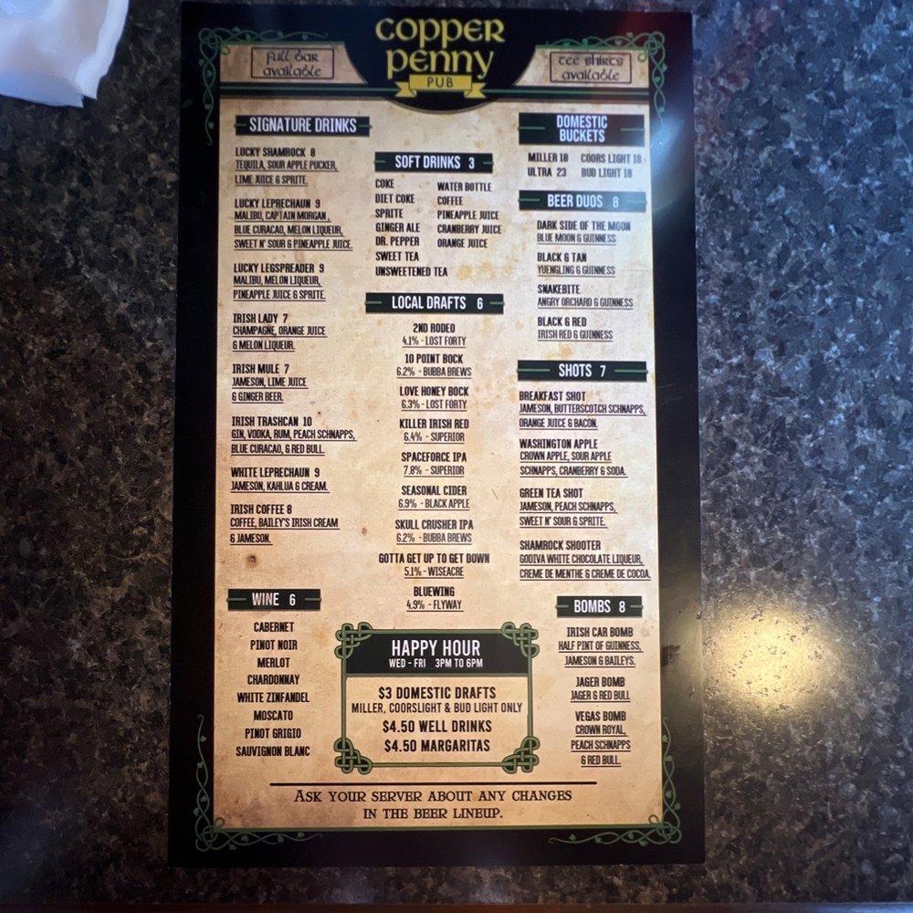 Menu at Copper Penny Pub, Hot Springs