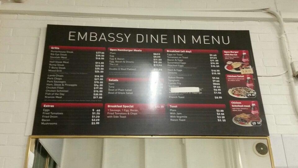 Menu at Embassy Cafe, West Melbourne, 547 Spencer St