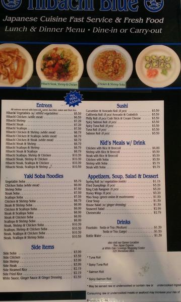 Menu at Hibachi Blue restaurant, Morrisville, Village Market Place