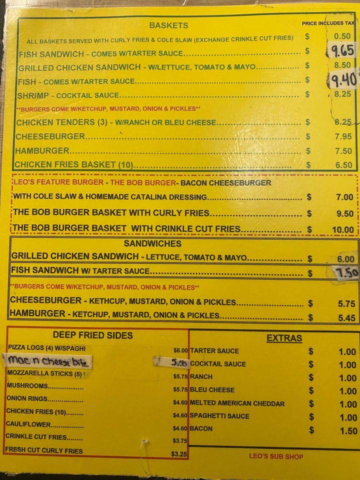 Menu at Leo's Sub Shop restaurant, Bradford