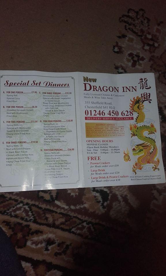 Menu at New Dragon Inn restaurant, Chesterfield