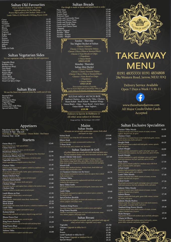 Menu at The Sultan of Jarrow restaurant, Jarrow