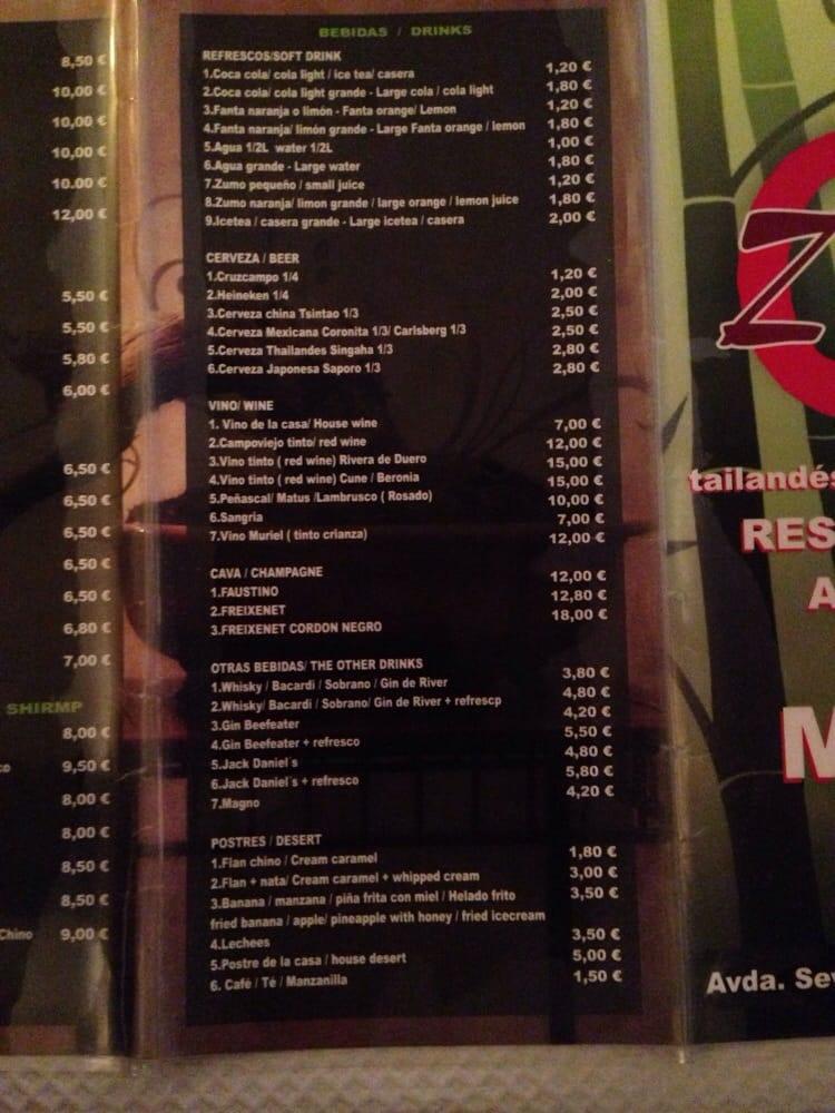 Menu at Zen restaurant, Rota