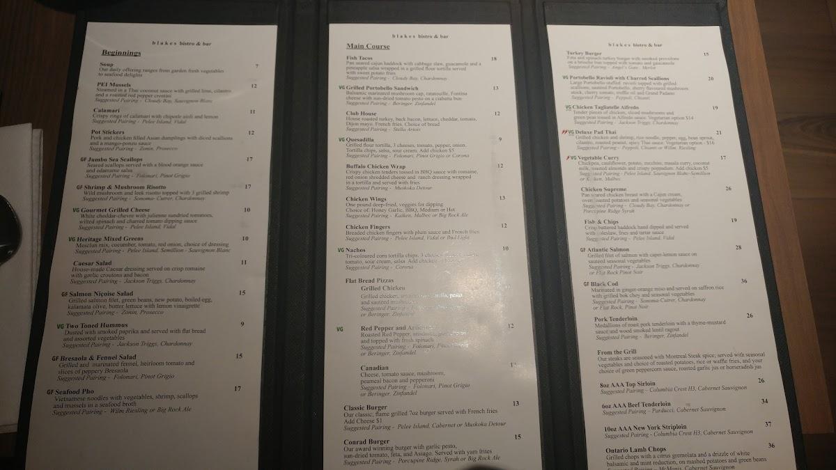 Menu at Blake's Bistro & Bar, London