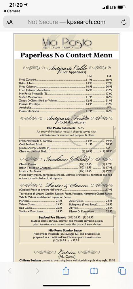 Menu at Mio Posto restaurant, Long Beach