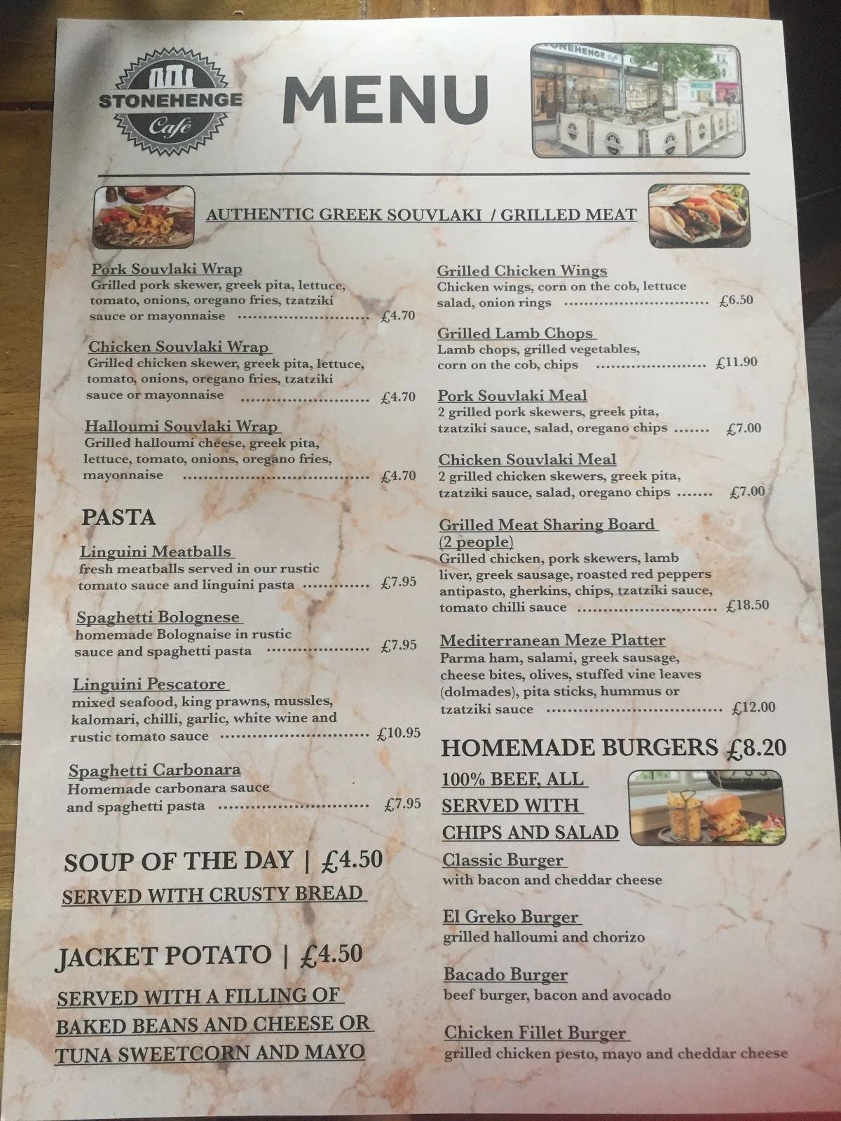 Menu at Stonehenge Cafe, Bromley