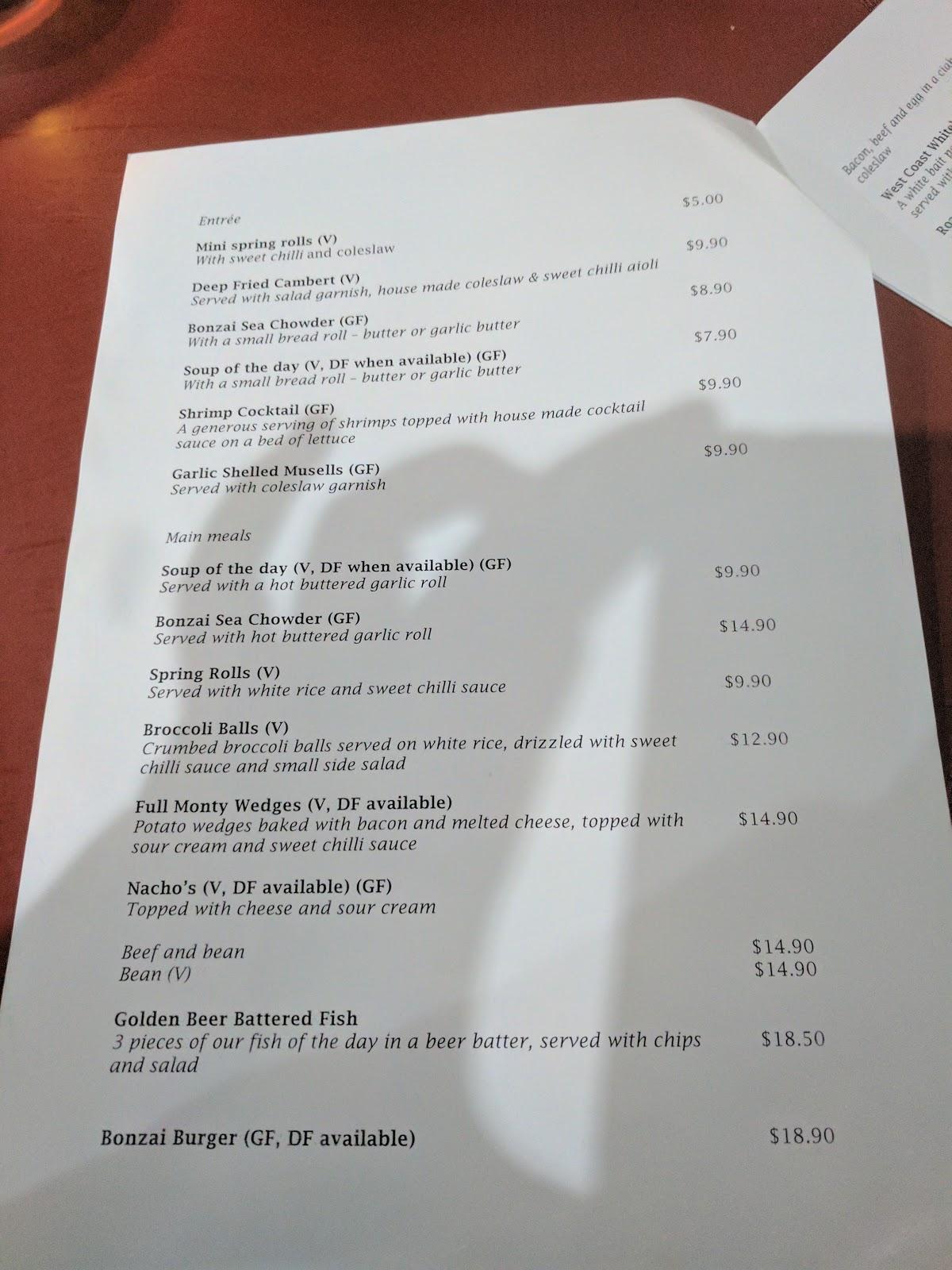 Menu at Bonzai Cafe, Greymouth