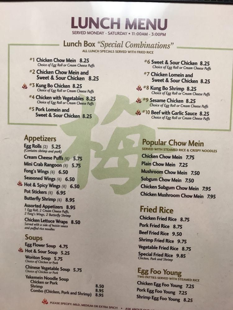 Menu at D. Fong's restaurant, Savage