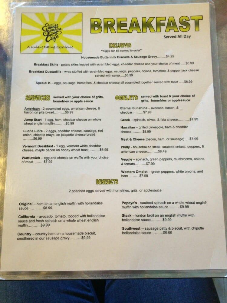 Menu at Eternal Sunshine Cafe, Wilmington, 420 Eastwood Rd # 109