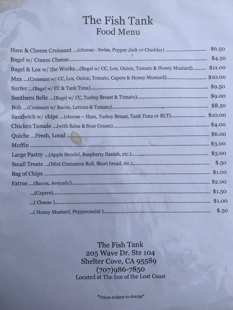 Menu at The Fish Tank cafe, Shelter Cove