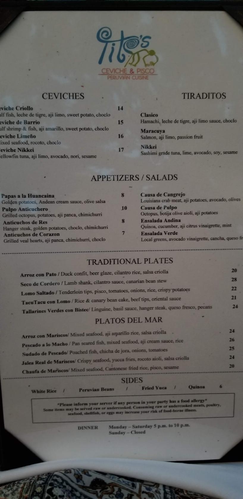 Menu at Tito's Ceviche & Pisco restaurant, New Orleans