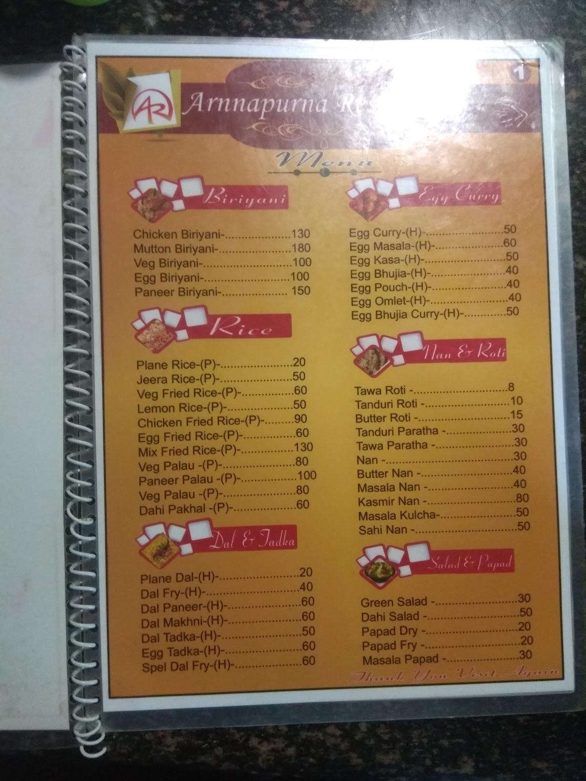 Menu at Annapurna Restaurant, India, 19