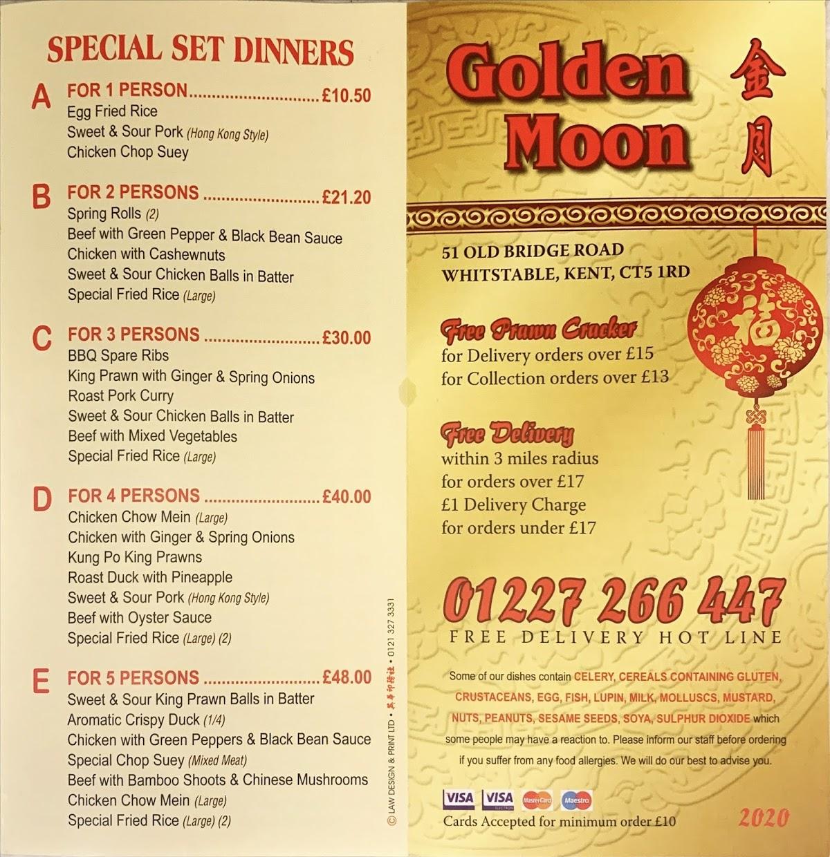 Menu at Golden Moon Chinese Takeaway restaurant, Whitstable
