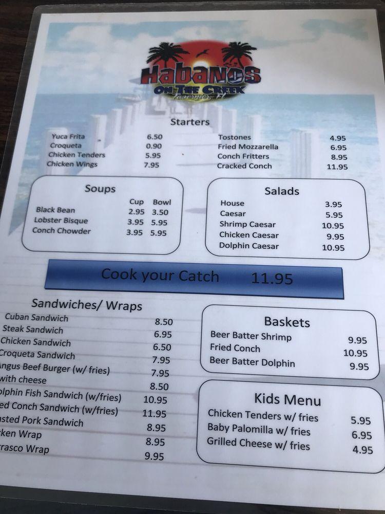 Menu at Habanos On The Creek restaurant, Tavernier