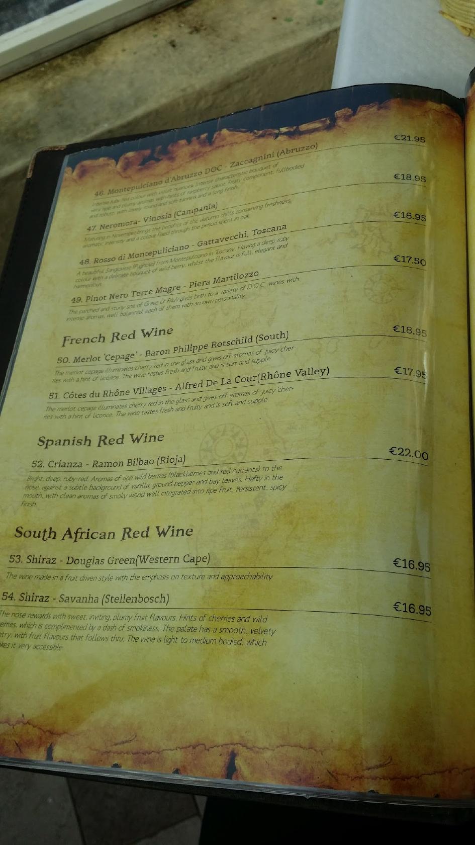 Menu at Pirate's Galley restaurant, Munxar