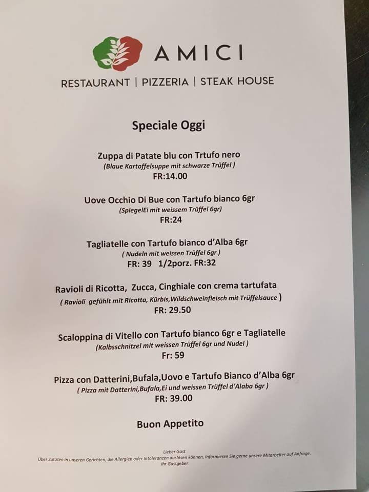 Menu at Amici, Zürich